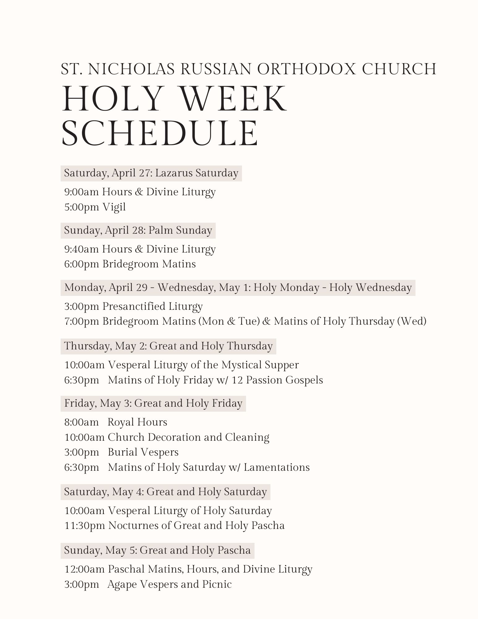 Sunday Bulletin & Weekly Schedule | St. Nicholas Orthodox Church